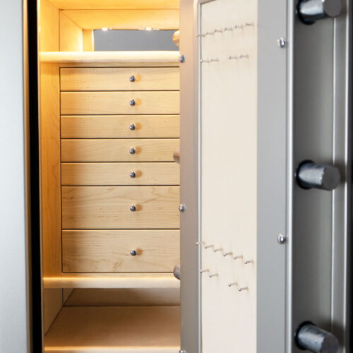 Carolina - Large Silver Luxury Jewelry Safe with Curly Maple Drawers ...