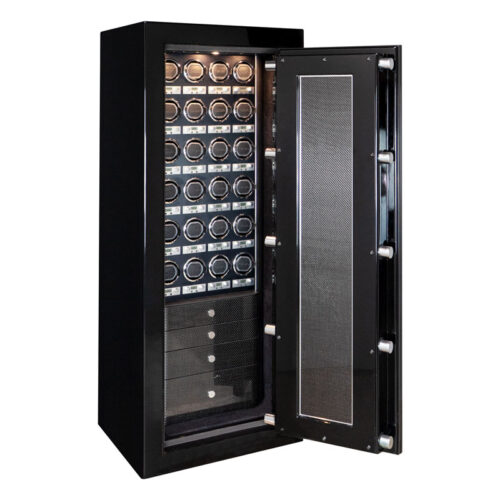 Virginia - Tall, Large Black 24 Watch Winder Safe, Carbon Fiber Drawers ...
